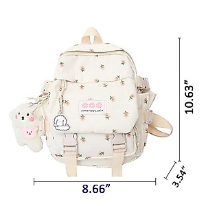 Aesthetic Kawaii Backpack with Kawaii Pendants for School Cute Mini Backpack Flowers Japanese School Bag for Teen Girls (White)