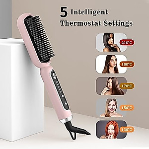 2023 Upgraded Hair Straightener Brush - Professional Ionic Hair Straightener Comb for Women, Hair Care & Ease Frizz, Anti-Scald, 5 Temp Settings for Home,Travel & Salon (Pink)