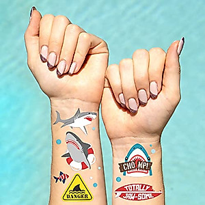 xo, Fetti Shark Temporary Tattoos - 38 Metallic Styles | Underwater Sea Creature, Ocean Animal Birthday Party Supplies, Summer, Totally Jawsome, Arts and Crafts