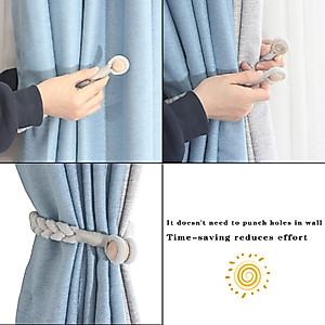 Porlau 2 Pack Grey Magnetic Soft Curtain Tiebacks Cotton Hand-Woven Tieback Holdback Home Decorative Tie Backs with Wooden Buckle for Home Office Decor