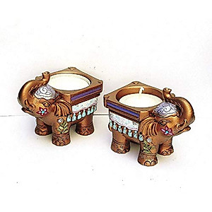 Painted Gold Elephant Tea Light Candle Holder Boho Indian Decor Accents Bohemian Decorations Small Gifts