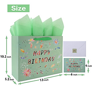 13” Large Happy Birthday Gift Bag Set with Handles, Greeting Card, Tissue Papers and Stickers for Women Girls, Green Floral Design, 1 Pcs