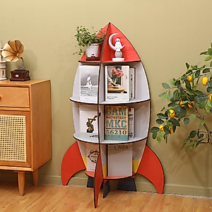 Lineshading Space Rocket Bookshelf Kids 4 Tier Wooden Toy Storage Organizer Display Cabinet Bookshelf Baby Toddler Book Shelves Book Rack for Girl Boy Playroom Classroom Nursery Living Room