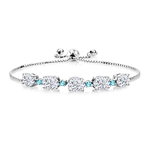 Gem Stone King 925 Sterling Silver Bracelet For Women Forever Brilliant Oval 7.82cttw Moissanite by Charles & Colvard and Swiss Blue Topaz