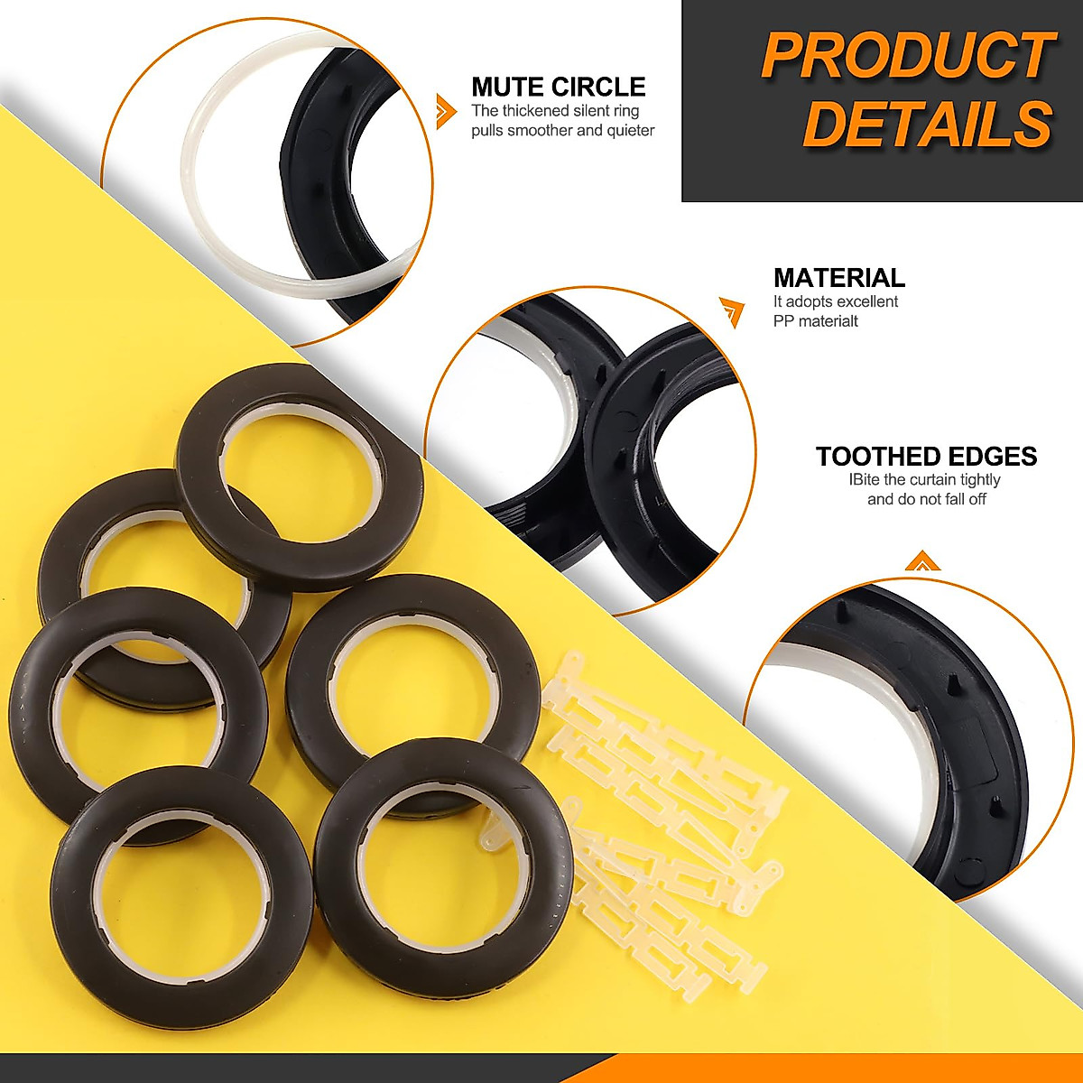 Rustark 20 Sets 1-5/8" (42mm) Inner Diameter Curtain Grommet with Connectors Black Round Plastic Curtain Rings Curtain Spacers Low Noise Curtain Rings DIY Roman Curtain Rings for Window Curtains