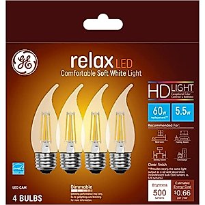 GE Relax LED Light Bulbs, 60W, Soft White Candle Lights, Clear Decorative Bulbs, Medium Base (4 Pack)