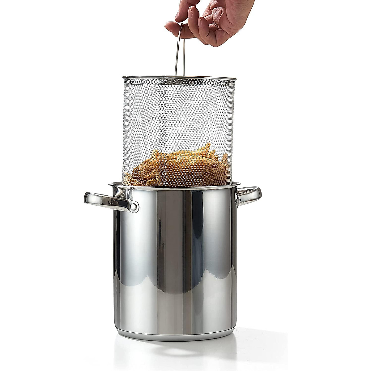 Cook N Home Deep Fryer Pot, Japanese Tempura Small Stainless Steel Deep Frying Pot, 304 Stainless Steel with Oil Drip Drainer Rack, Glass Lid, 6.3 inch/ 4Quart, for Kitchen French Fries, Chicken