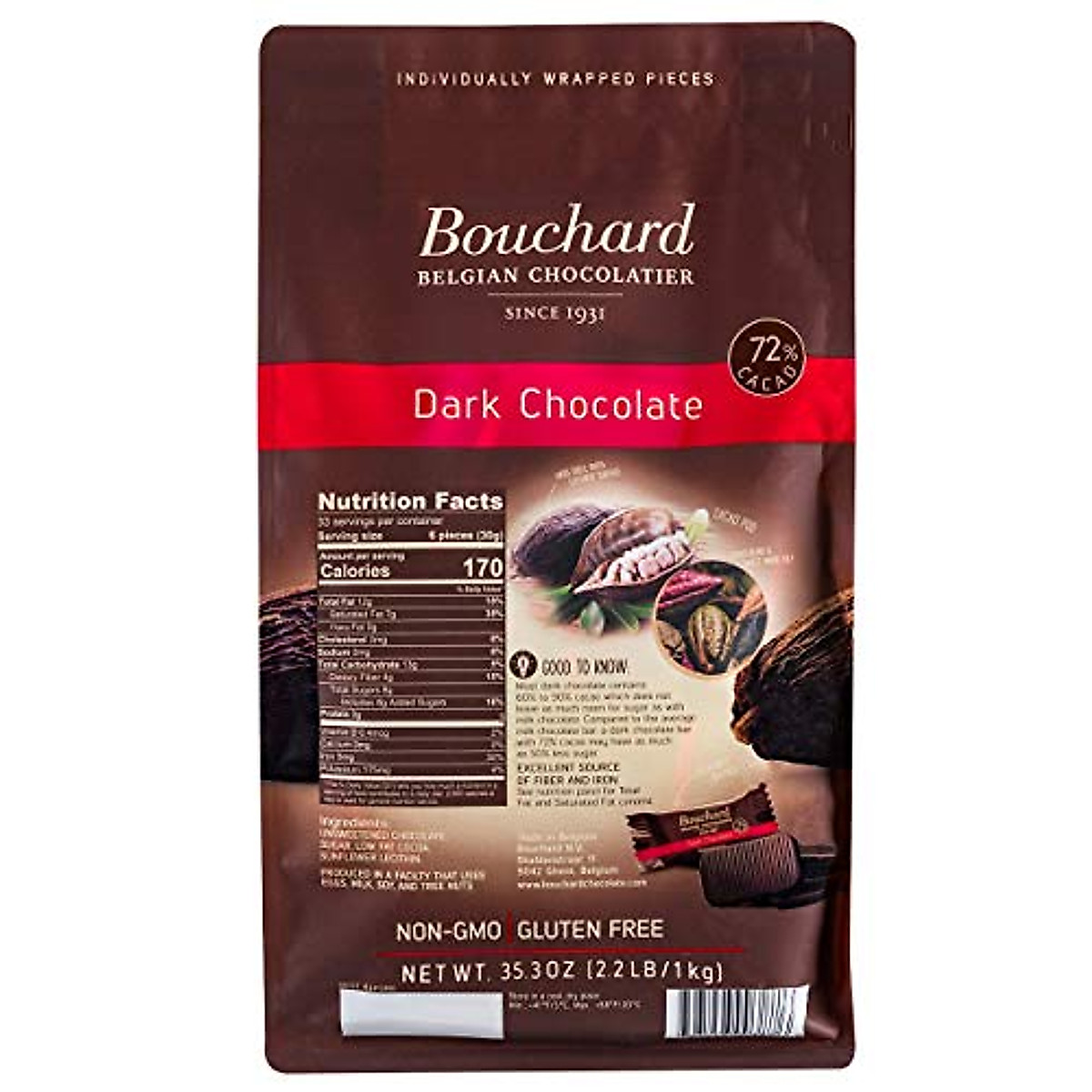 Bouchard Belgian Dark Chocolate Gluten-Free 72% Cacao (35.3 OZ / 2.2 LB)