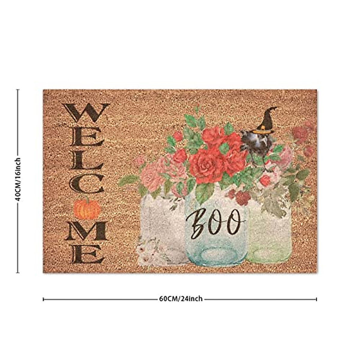 Coir Door Mat Natural Fade - Vinyl Backed Welcome Halloween Fall Summer Door Mat 16x24in Fall Floral Flowers Jars Sunflowers Pumpkins Houses Doormat Home Entryway Farmhouse Decor