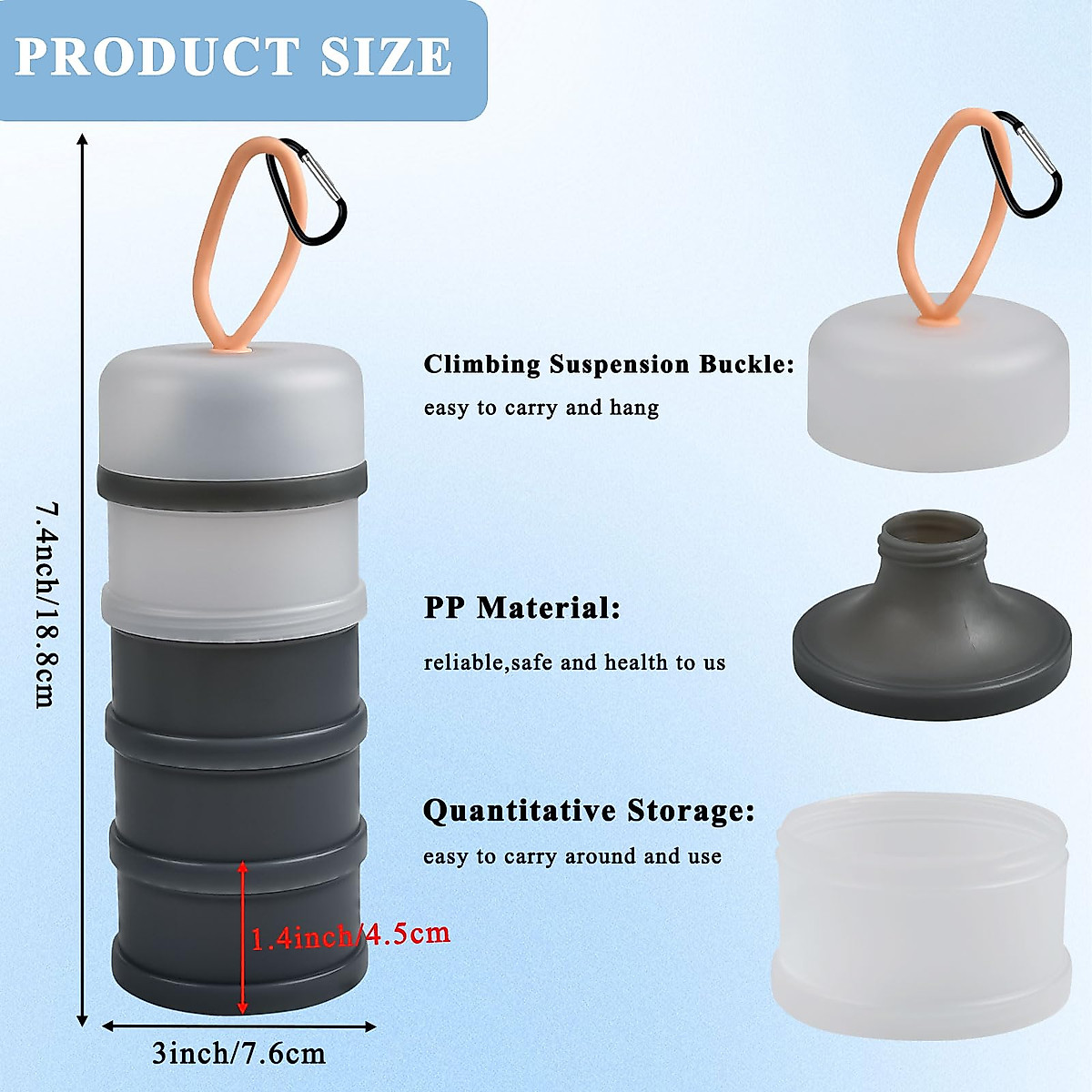 Milkary 4Pcs Protein Powder Storage Container, 4 Layer Stackable Leak-proof Formula Dispenser to Go with Funnels Stand, Portable Keychain Travel Protein Powder Container for Workout Fitness Travel