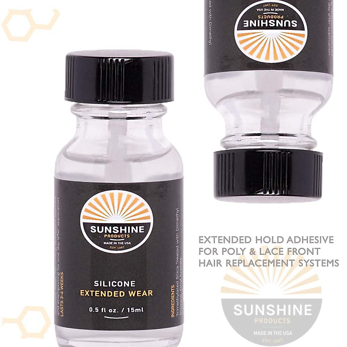 Sunshine Bond Thin Silicone Hair Replacement Adhesive - Extended Hold for Poly and Lace Hairpiece - 3-4 Weeks, Wig, Toupee Systems - Invisible, Waterproof Bonding Glue (.5oz) | Made in USA