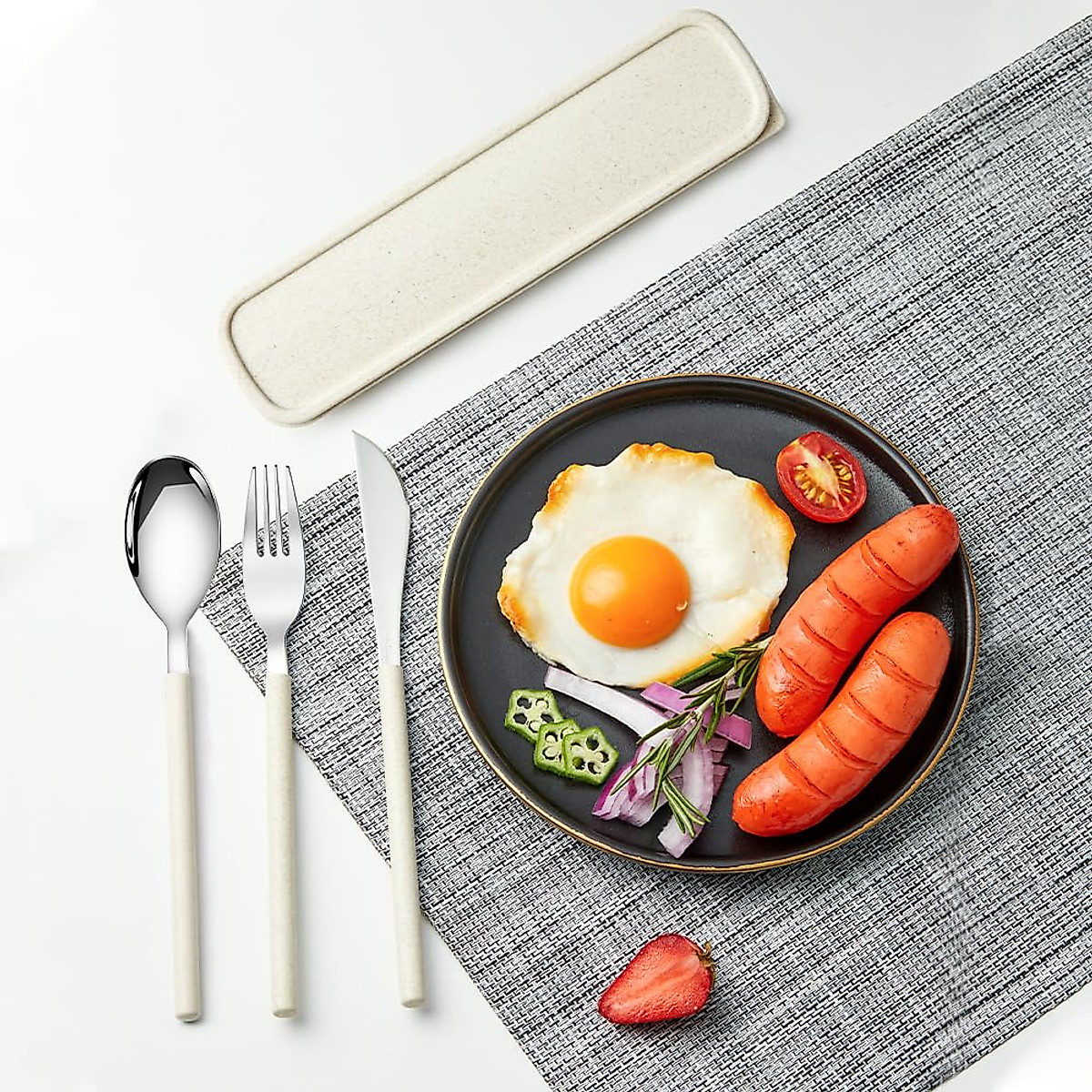 ArderLive 3 PCS Outdoor Flatware Set with Case, Fork Spoon Knife/Travel Set for Travel, Lunch Box and Camping, Christmas gifts Beige