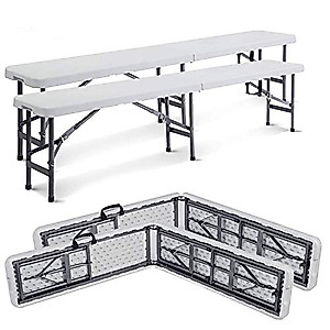 Todeco 6FT Folding Bench White 2Pcs, Portable Garden Picnic Party Camping Dining Bench Seat with Carrying Handle,Use Indoor/Outdoor, Max Load 660 Lbs