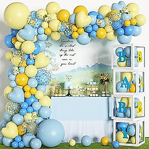 Amandir Pastel Blue and Yellow Balloon Garland Arch Kit Baby Boxes with Letters(A-Z+Baby) for Winie The Poon Theme Baby Shower Decorations Boy Girl Birthday Wedding Gender Reveal Party Supplies