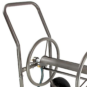 Liberty Garden 890 4 Wheel 200 Foot Capacity Lightweight Powder Coated Steel Frame Water Hose Reel Cart for Backyard, Garden, or Home, Silver