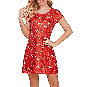 Ekouaer Womens Nightgown Sleep Shirt Dress Satin Patchwork Short Sleeve Sleepwear with Pocket Red Christmas XL