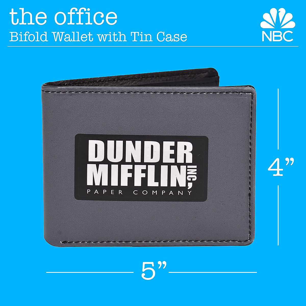 Concept One The Office Wallet, Dunder Mifflin Slim Bifold Wallet with Decorative Tin Case for Men and Women, Grey