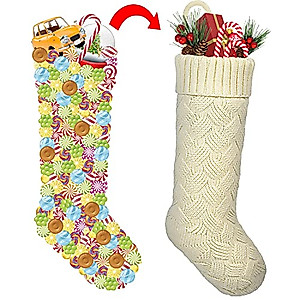 ROSFORU Knit Christmas Stockings, 4 Pack Large Size Candy Gift Bag Personalized Decoration Weave Xmas Socks, Classic Style（Ivory White, Green, Gray, Burgundy）