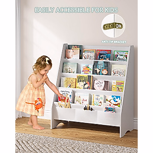 SEIRIONE Sturdy Kids Bookshelf, Book Shelf for Kids Room with Tear-Proof Oxford Sling, Eco-Safe Toddler Bookshelf, Childrens Bookshelf with Ideal Height for Quick Book Access, White/Wood Texture