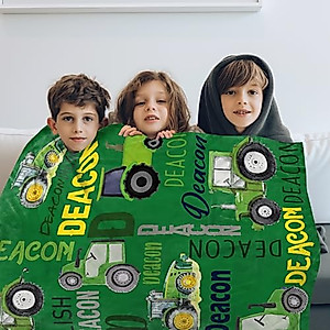 Personalized Tractors Blanket - Custom Name with Farm Tractor Trucks Design - Soft Plush Flannel Bed Blanket for Baby Kid Teen Boys Girls Customized Gifts Green