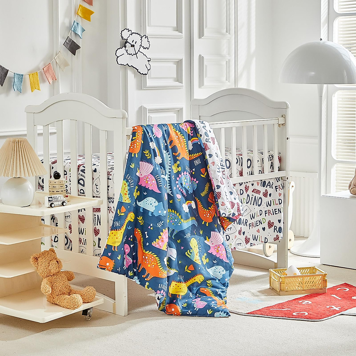 Dinosaur Crib Bedding Set - 3 Pieces Navy Dino Baby Quilted Crib Comforter with Crib Fitted Sheet and Crib Skirt for Boys Girls Cute Colorful Baby Bed Set with Blue Pink Orange Yellow Dinosaurs