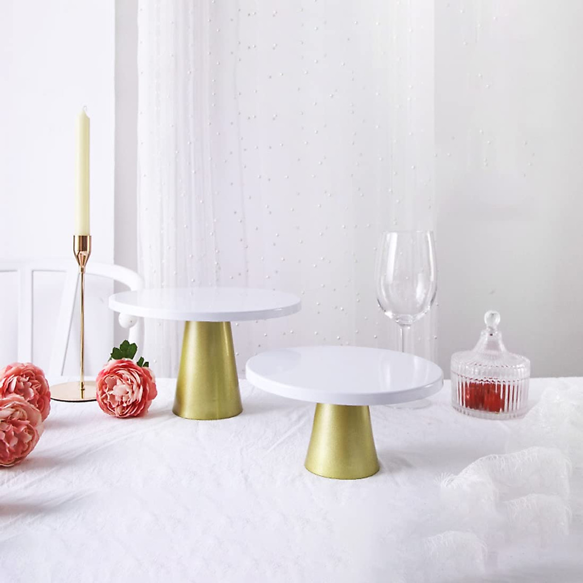 2pcs Modern Metal White-Gold Cake Stands Plate Set, Dessert and Cupcake Serving Display for Weddings, Parties, or Modern Home Decor