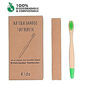 OUTIN Kids Bamboo Toothbrushes 10 Pack Soft Bristles, Children's Toothbrush Eco Friendly Biodegradable Wooden Handle Tooth Brush