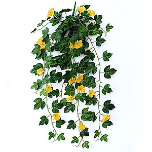 XHSP 2 Bunches Artificial Vines 35.4" Morning Glory Hanging Plants Silk Garland Fake Green Plant Home Garden Wall Fence Stairway Outdoor Wedding Hanging Baskets Decor