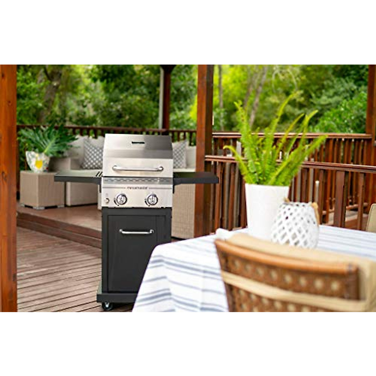 Megamaster 720-0864MA 2 Burner Propane Barbecue Gas Grill, for Camping, Outdoor Cooking, Patio, Garden Barbecue Grill, 28000 BTUs, with Foldable Side Table, Silver and Black