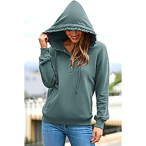 PRETTYGARDEN Ladies Pullover Hoodies Tops Drawstring Long Sleeve Thick Sweashirt Cozy Warm Winter Clothing With Pockets(Solid Grey Green,Medium)
