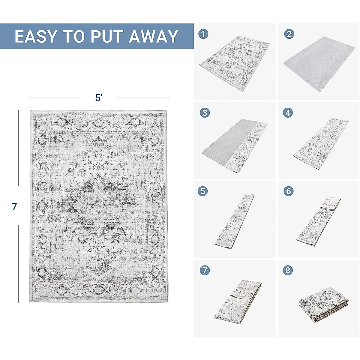 xilixili 8x10 Area Rugs for Living Room - Stain Resistant Anti-Slip Backing Washable Rug,Rugs for Bedroom,Dining Room,Vintage Printed Large Area Rug (Ivory/Gray,8'x10')