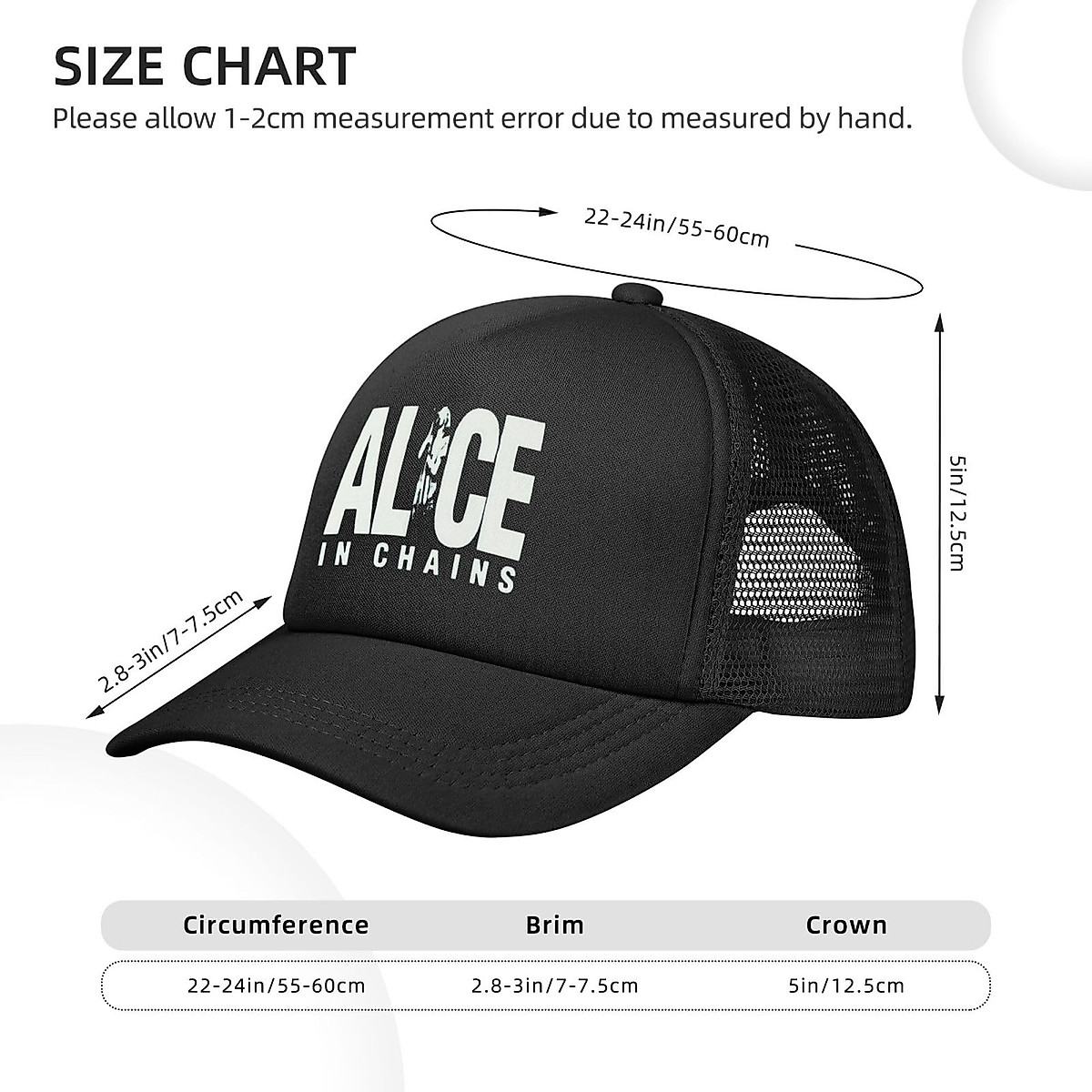 CASOWAT Alice Rock in Chains Band Mesh Baseball Cap for Men Women Adjustable Snapback Caps Summer Trucker Hat Black