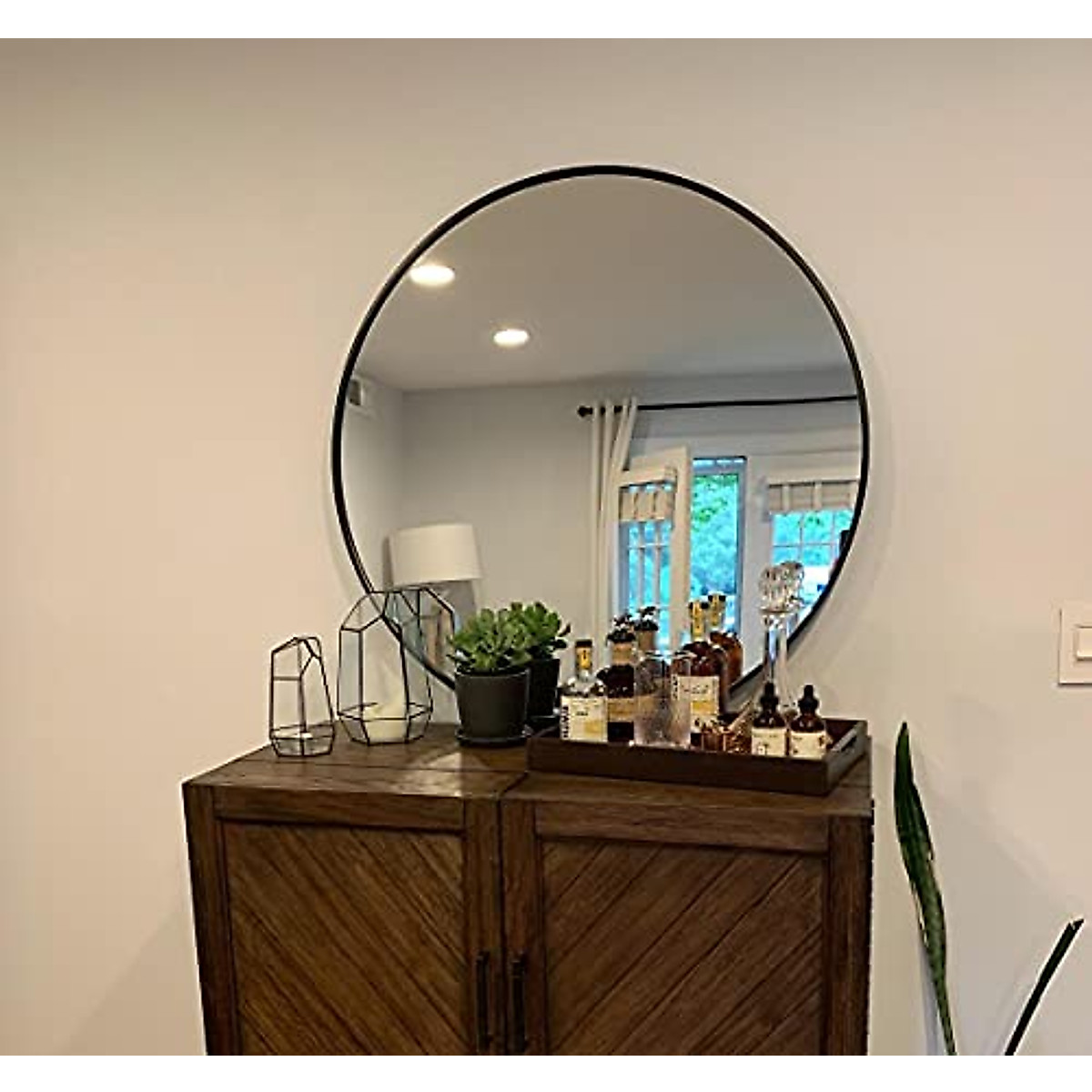 HofferRuffer Round Mirror, Circle Hanging Mirror, Metal Frame Wall Mounted Mirror for Home Bedroom, Bathroom, Washroom, Living Room, Entryways (Black, 27.6)