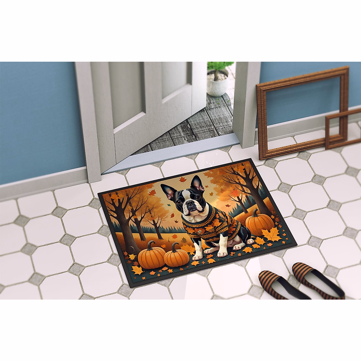 Caroline's Treasures DAC1024MAT Boston Terrier Fall Doormat 18x27 Front Door Mat Indoor Outdoor Rugs for Entryway, Non Slip Washable Low Pile, 18H X 27W