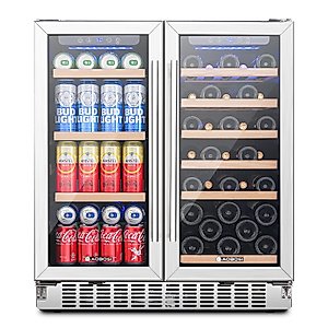 AAOBOSI 30 Inch Wine and Beverage Cooler, 31 Bottles & 110 Cans Wine Fridge, Glass Door Dual Zone Wine Refrigerator Freestanding and Built-in, Digital Temperature Control, Blue LED Display Light