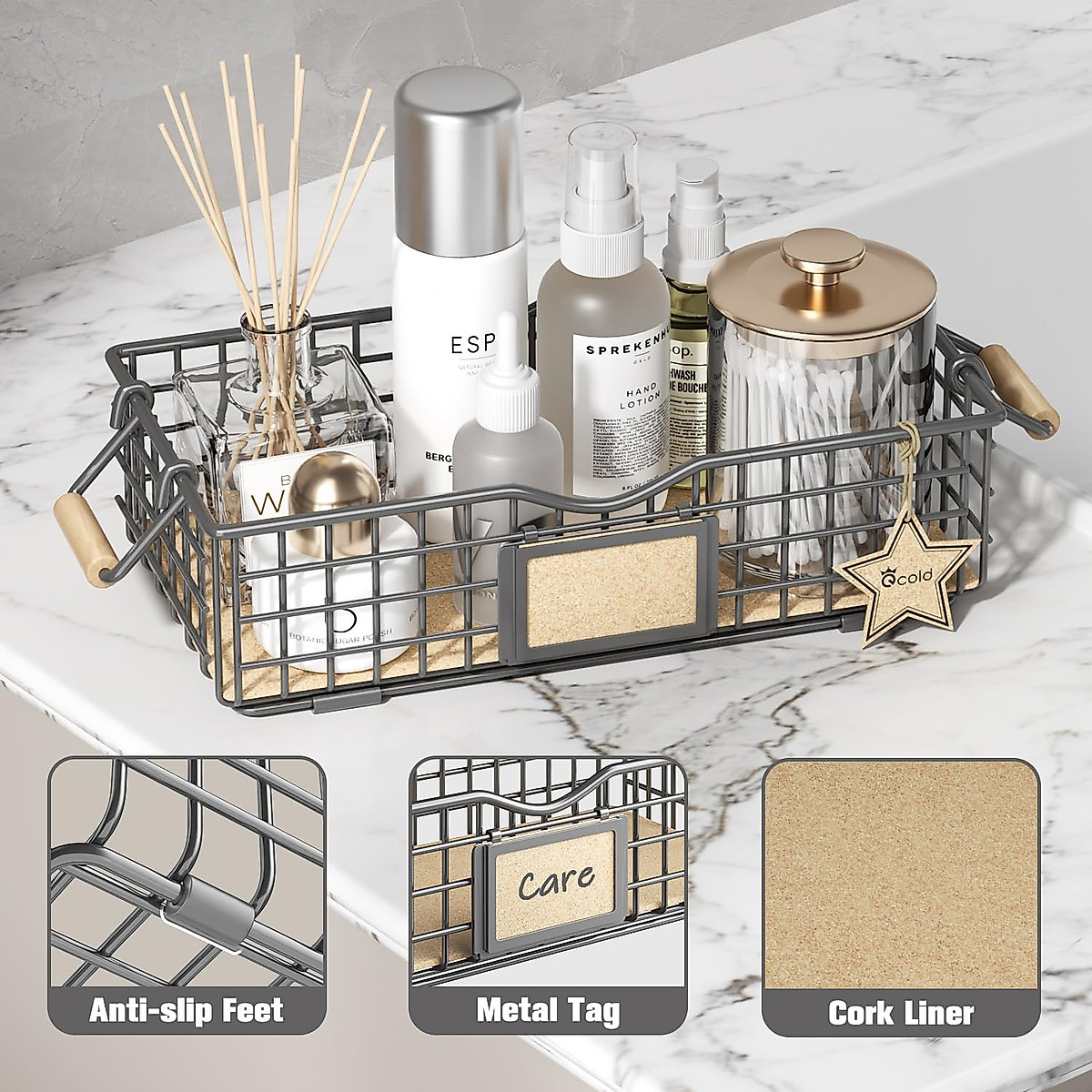 Qcold Bathroom Organizer Basket, Bathroom Counter Organizer - Small Metal Basket - Bathroom Counter Organizers and Storage with Handles, Wire Baskets for Organizing Farmhouse Decor - Gray