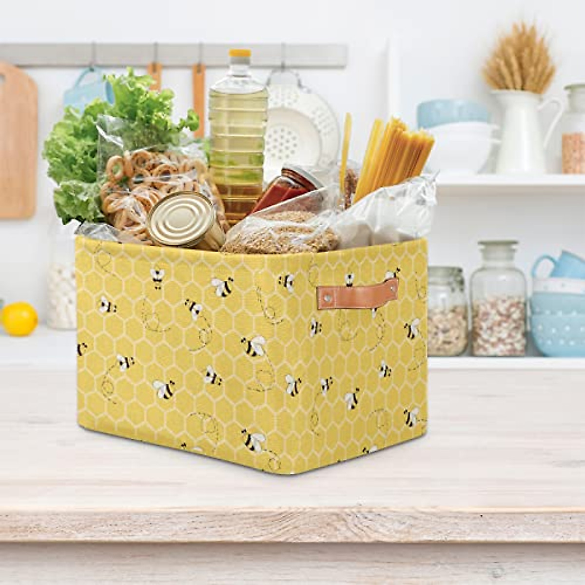 Pardick Yellow Bee Basket Cube Storage Bins Honeycomb Shelves Bee Decor for Bedroom Toys Stuffed Animal Waterproof Laundry Box Bin Basket with Handle for Home Closet Shelf Office Bedroom Gift-2PCS