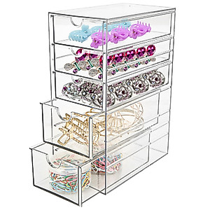 YAYODS Clear Plastic Hair Accessory Storage Organizer, Hair Accessories Organizer Box with 5 Drawers, Hair Tie Organizer Storage Box for Hair Accessories, Bathroom, Office