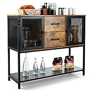 YDXNY Industrial Buffet Sideboard Kitchen Cabinet with Metal Mesh Doors and 2 Drawers