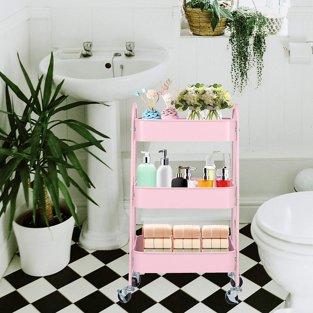 3-Tier Metal Mesh Utility Rolling Cart Storage Organizer with Wheels, Black