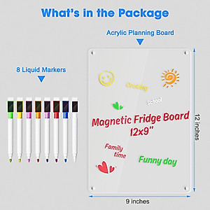 OORAII Magnetic Acrylic Calendar for Fridge Refrigerator Monthly Dry Erase Board w/ 8 Markers & Magnetic Pen Holder, Organic Glass Clear Planning Whiteboard Workout Board Meal Planner Magnetic 16x12''