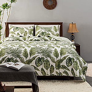HORIMOTE HOME Tropical Plants Quilt Set King Size 3 Pieces, Green Palm Leaves Rainforest Style Fine Printed Reversible Bedspreads Bedding Sets, Soft and Lightweight Bed Coverlet for All Season