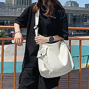 Canvas Tote Bag Hobo Crossbody Handbag Big Capacity Messenger Bag with Multiple Pockets Casual Shoulder Bag for Women Men (B-White)