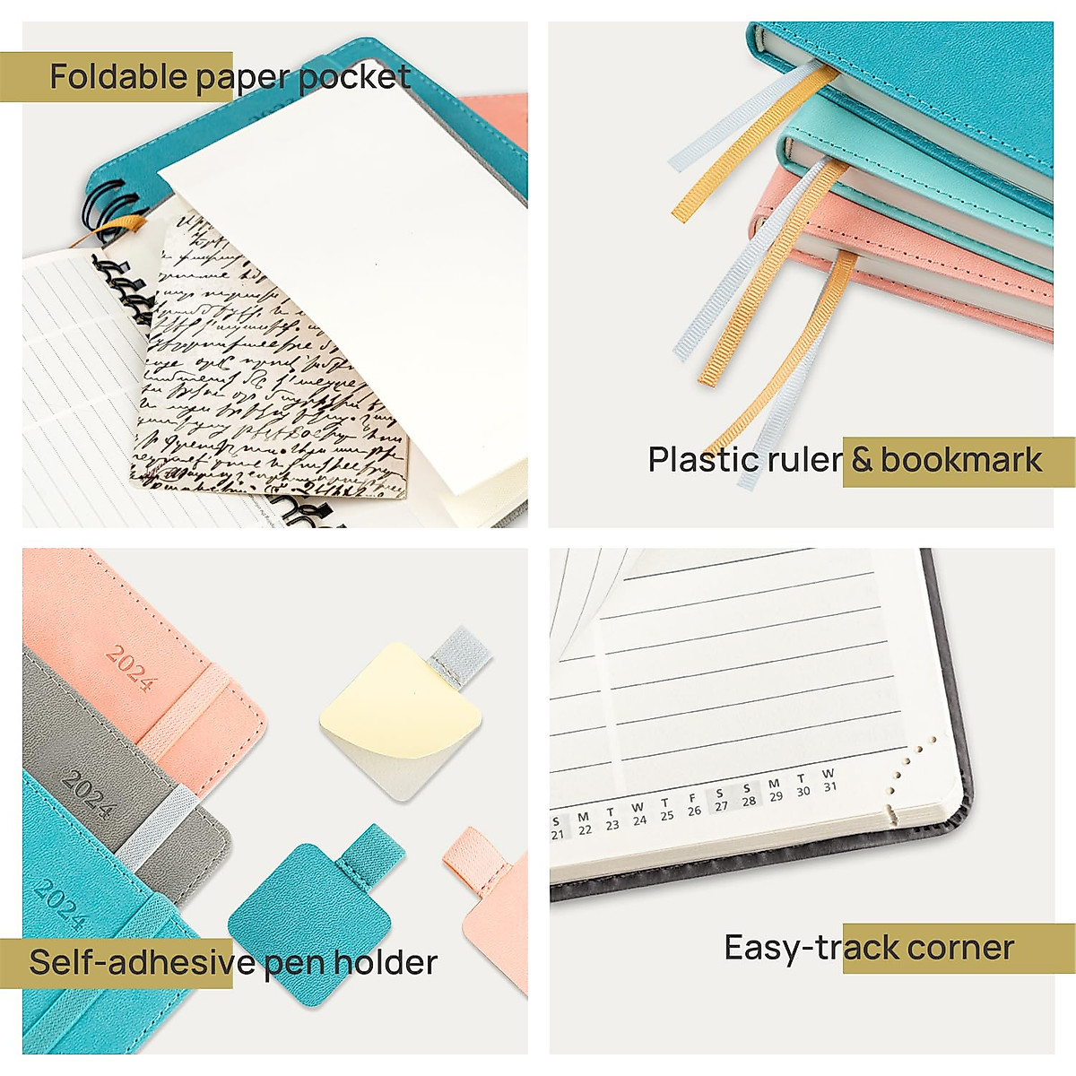 POPRUN 2024 Weekly Planner Spiral Bound - Hourly Schedule & Vertical Weekly Layout - 2024 Planner for Time Management,6.5" x 8.5"- Monthly Tabs, Pen Holder, Leather Soft Cover - Pacific Green