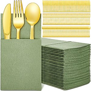 Tioncy 100 Pack Gold Plastic Silverware Cutlery Set Dinner Napkins with Built in Flatware Pocket Disposable 100 Forks Spoons Knives and 100 Like Cloth Paper Napkins for Dinner Wedding Party (Green)