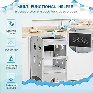 Qaba 2 in 1 Kids Foldable Kitchen Step Stool, Toddler Standing Tower with Chalkboard and Lockable Handrail for Children 3-6 Years Old, Gray