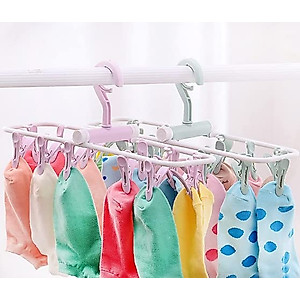 Ruoxian 2 Pieces Laundry Hanger Foldable Portable with Clips Drying Rack for Socks Lingerie Plastic Clothes Travelling (Purple+Green)