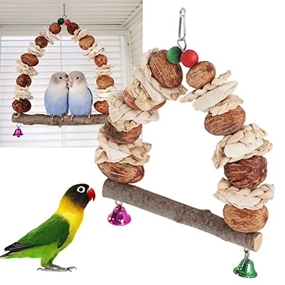 Bird Swing Healthy Cuttlefish Bone Toxic Free Parrots Swing Perch Hanging Nuts with Bells for Parakeets Parakeets (S)