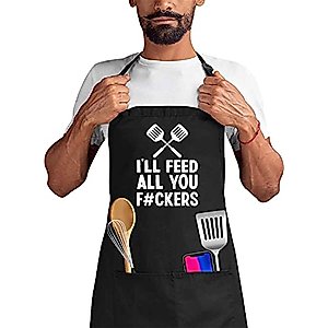 I'll Feed All You Fuckers Cooking 2 Pocket Apron BBQ Chef Kitchen Dad Gifts Cooking Fathers Day for BBQ Chef Black