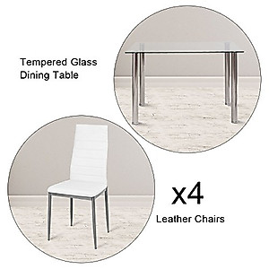 Tangkula Dining Table Set, 5 PCS Modern Tempered Glass Top PVC Leather Chair Dining Table and Chairs Set Dining Room Kitchen Furniture, White